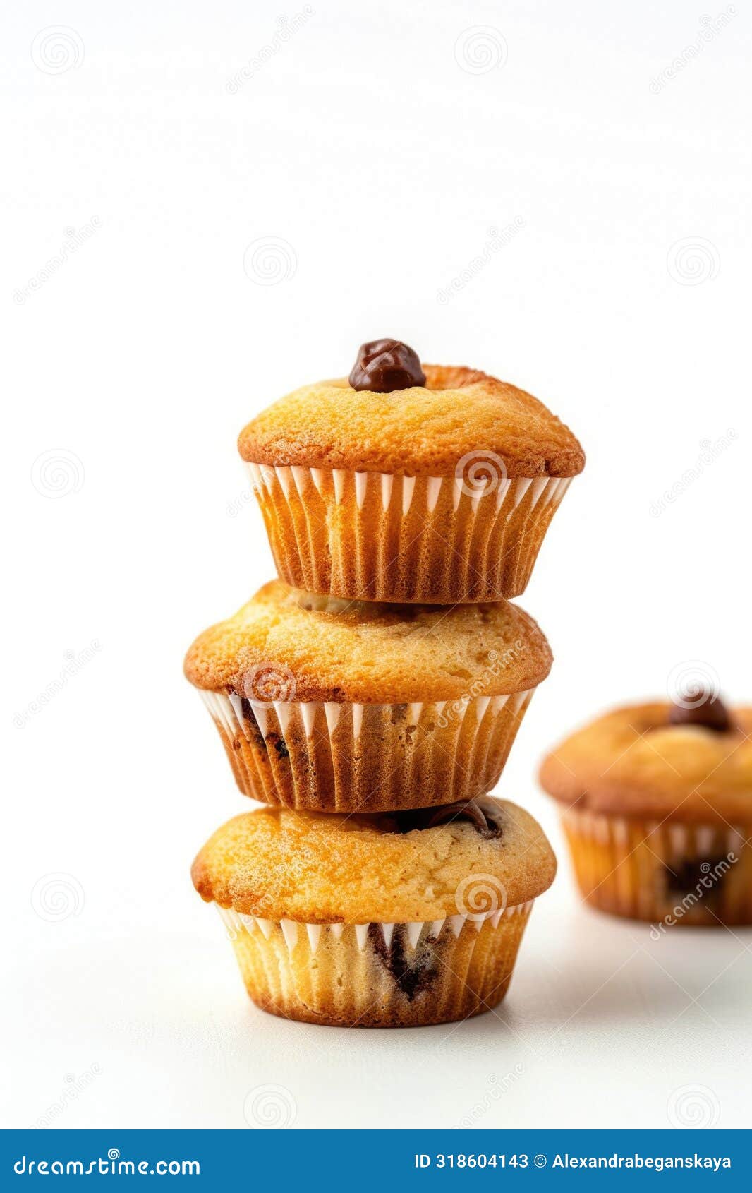 Stack of Chocolate Chip Muffins with Scattered Chocolate Chips on a ...