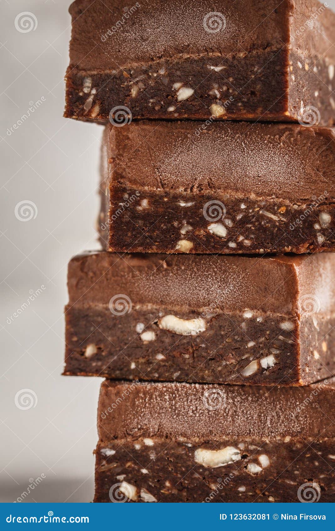 Stack of Chocolate Fudge Bars on White Background. Raw Vegan Dessrt ...