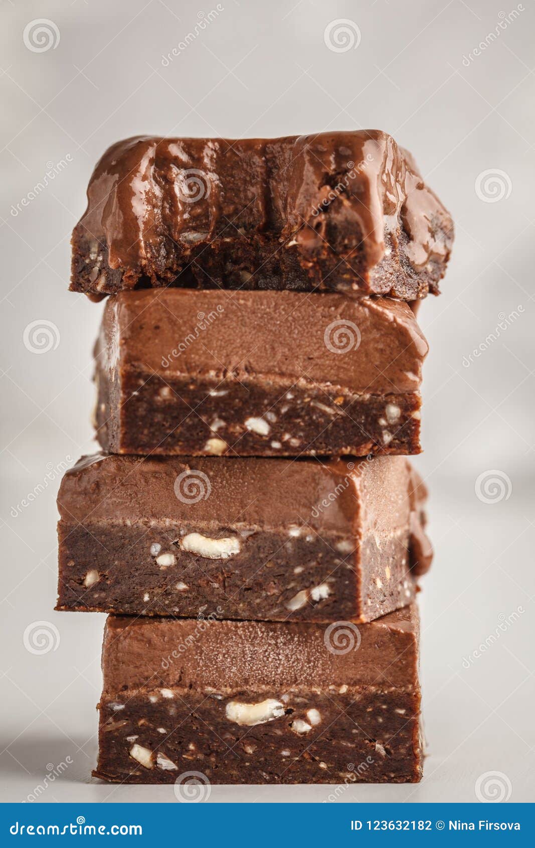 Stack of Chocolate Fudge Bars on White Background. Raw Vegan Dessrt ...