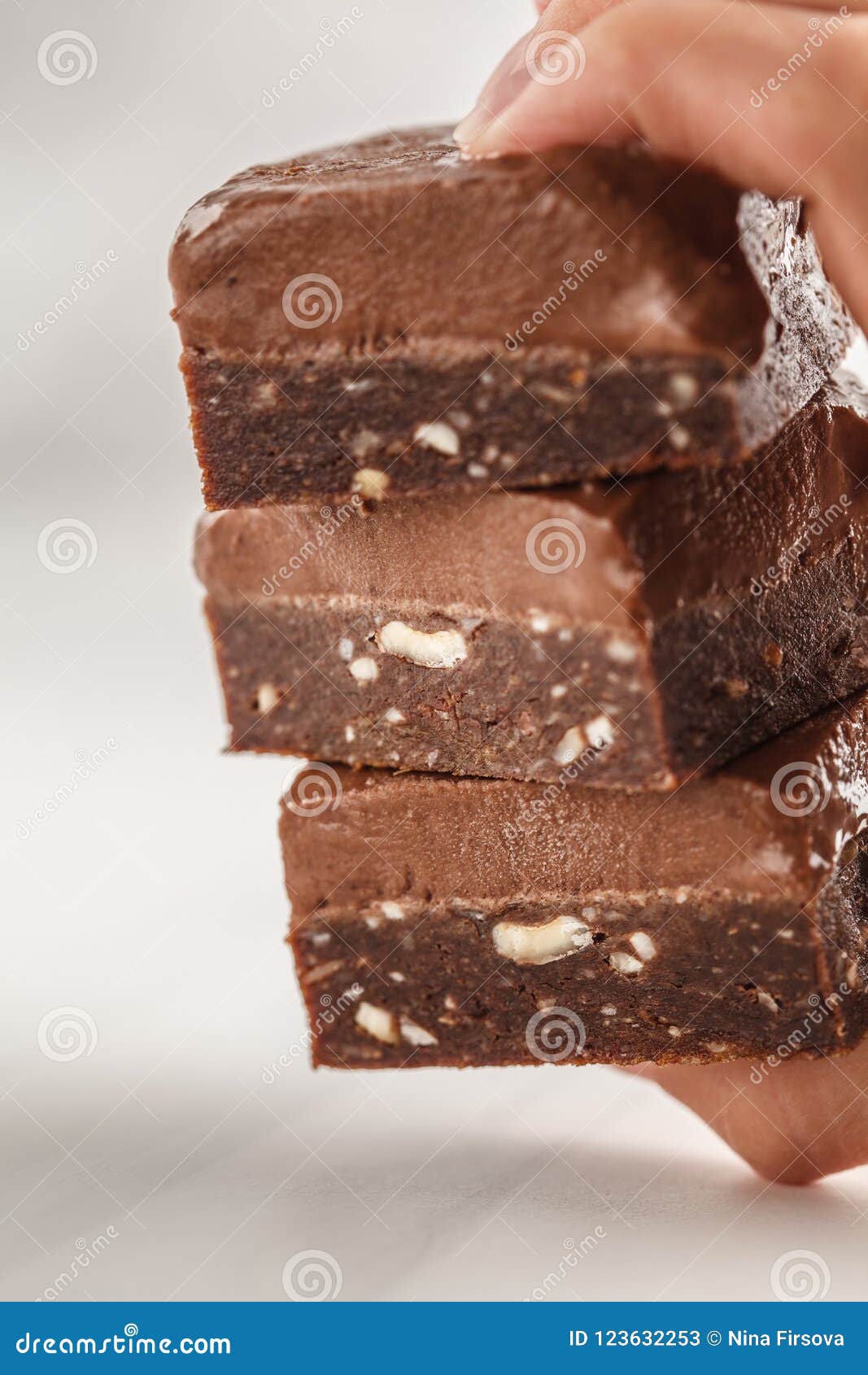 Stack of Chocolate Fudge Bars on White Background. Raw Vegan Dessrt ...
