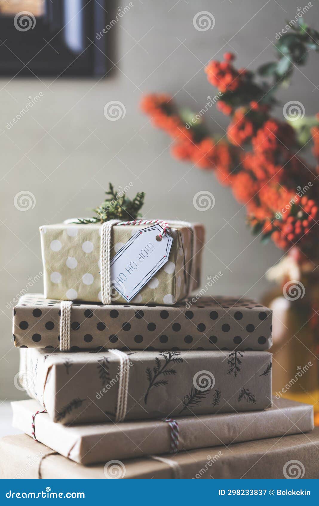 Stack of Christmas Gifts on Table, Ho Ho Ho Stock Image - Image of home ...