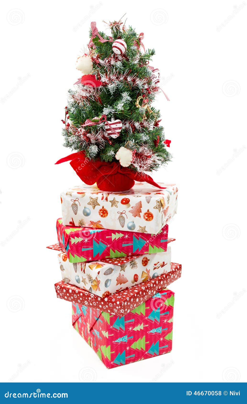 Stack of Christmas Present Boxes and Christmas Tree Stock Photo - Image ...