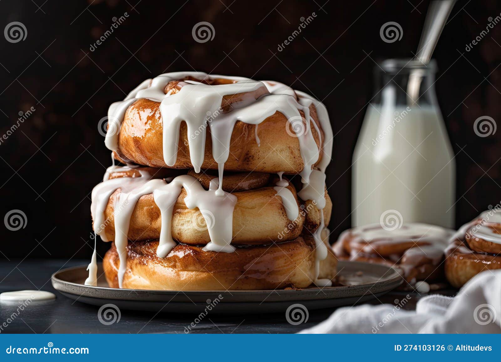 Stack of Cinnamon Buns, with Gooey Filling and Sweet Icing Dripping ...