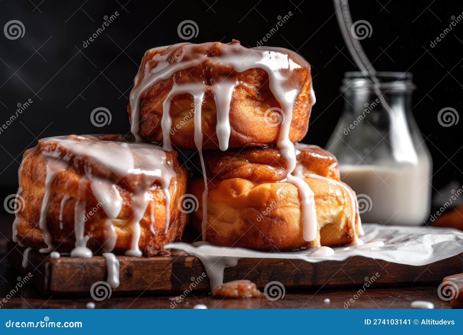 Stack of Cinnamon Buns, with Gooey Filling and Sweet Icing Dripping ...