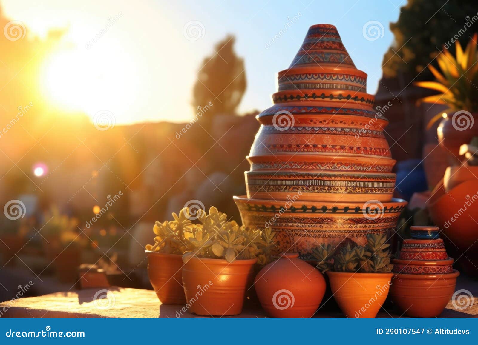 Stack of Clay Pots with Sun Flare in Background Stock Image - Image of ...