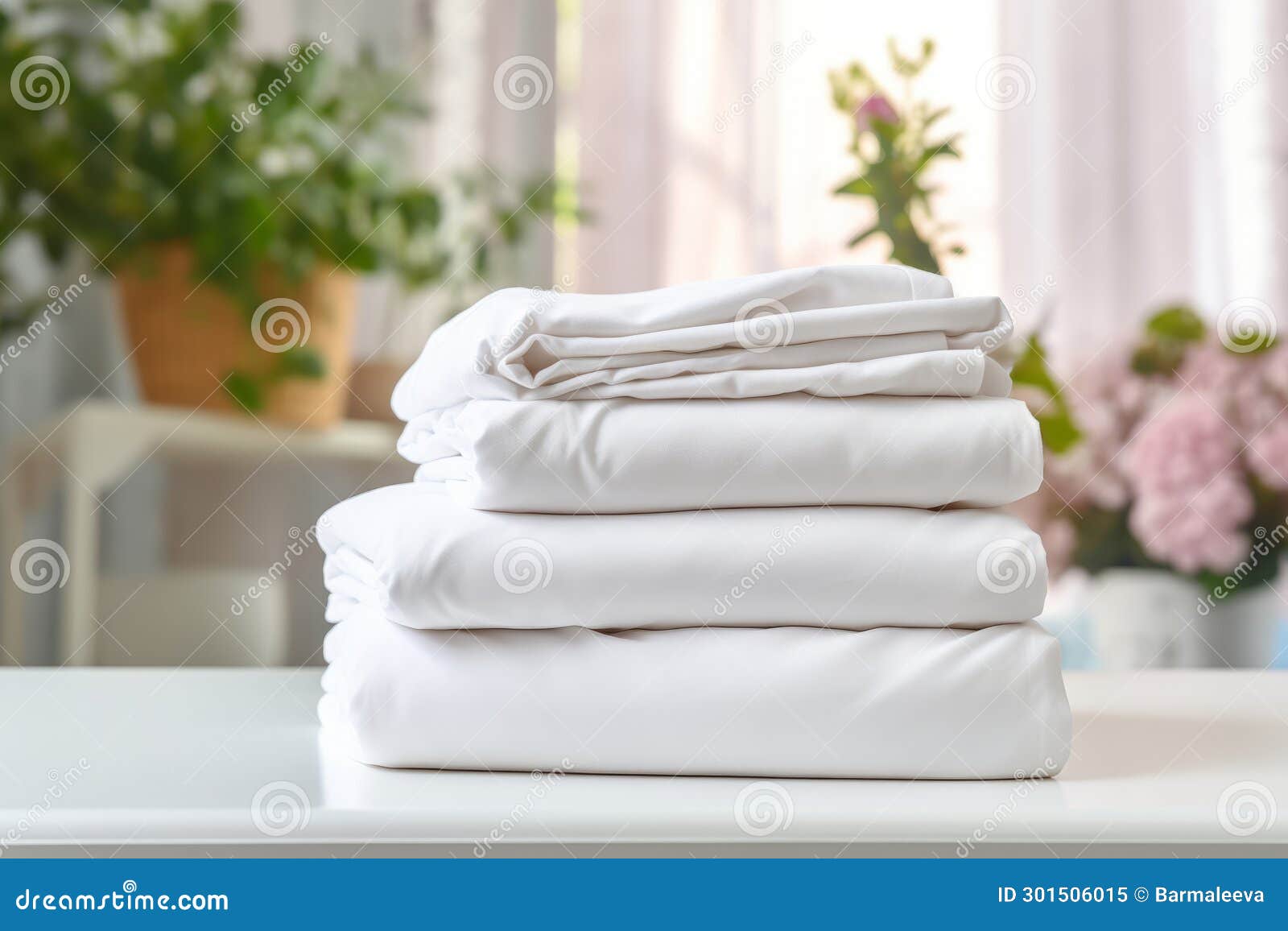 Stack of Clean Bedding Sheets on Blurred Laundry Room Background ...