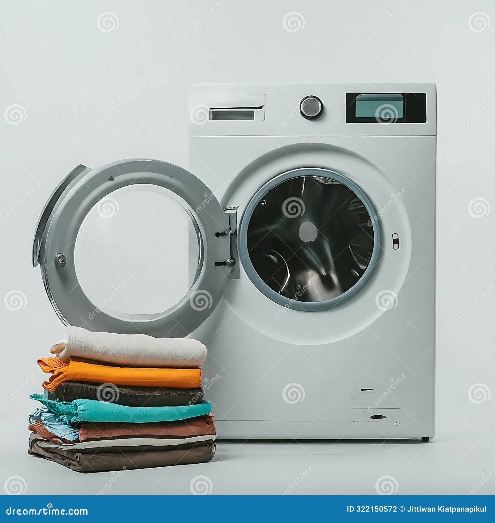 Stack of Clean Clothes with Washing Machine on White Background Stock ...