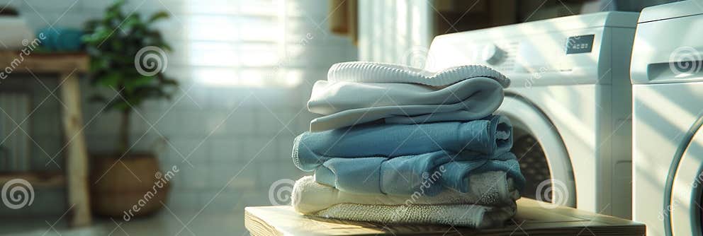 A Stack of Clean, Folded Laundry Sits on a Wooden Surface Next To a ...