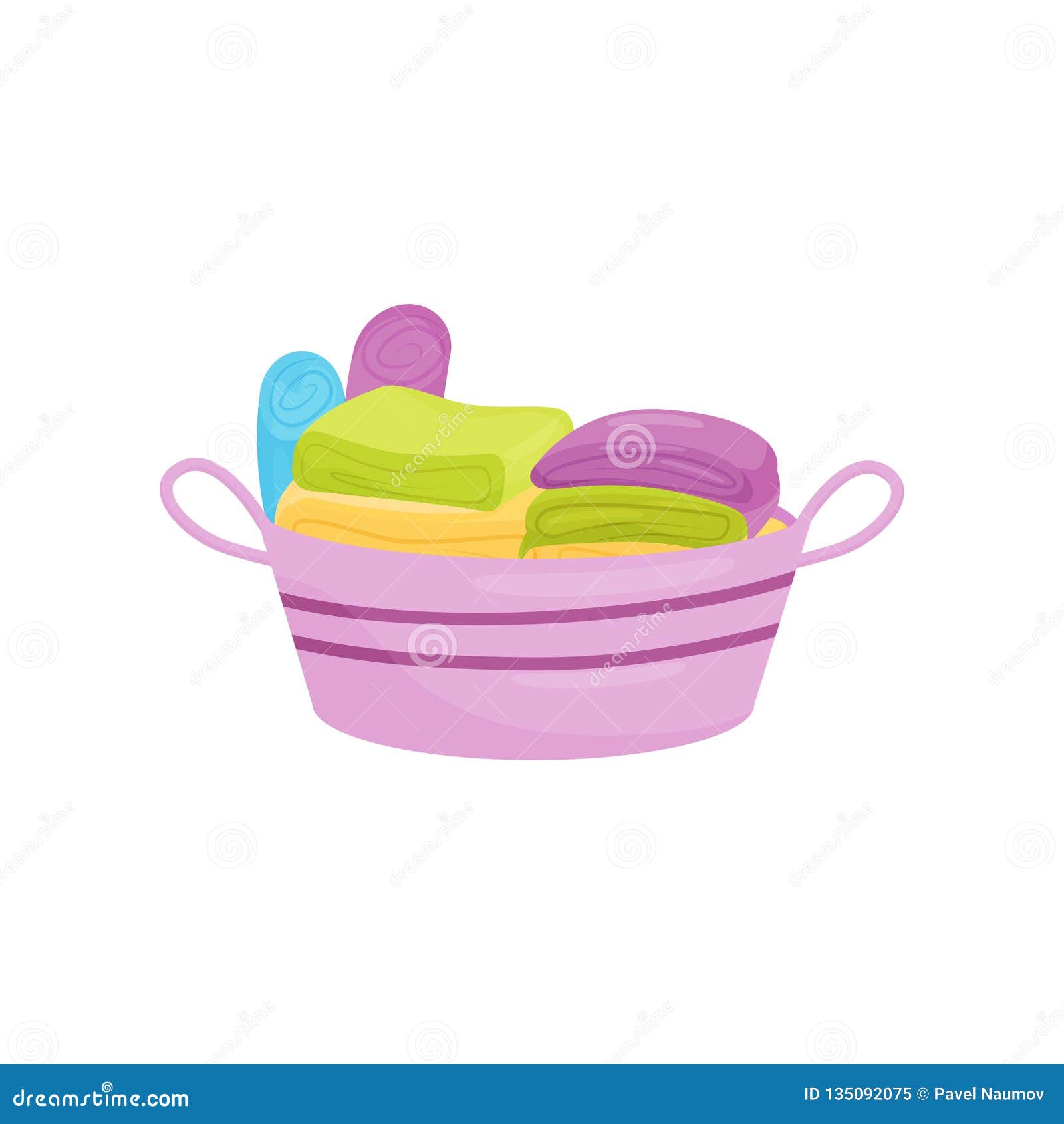 Stack of Clean Folded Linens and Towels in Purple Plastic Basket ...