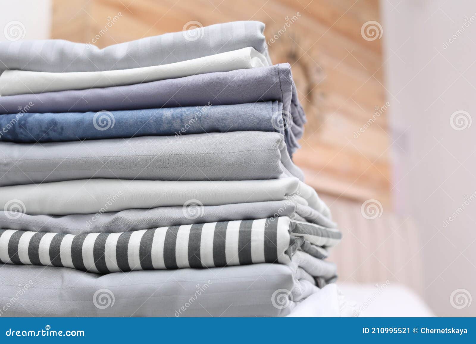 Stack of Clean Linens in Bedroom, Closeup Stock Image - Image of linen ...