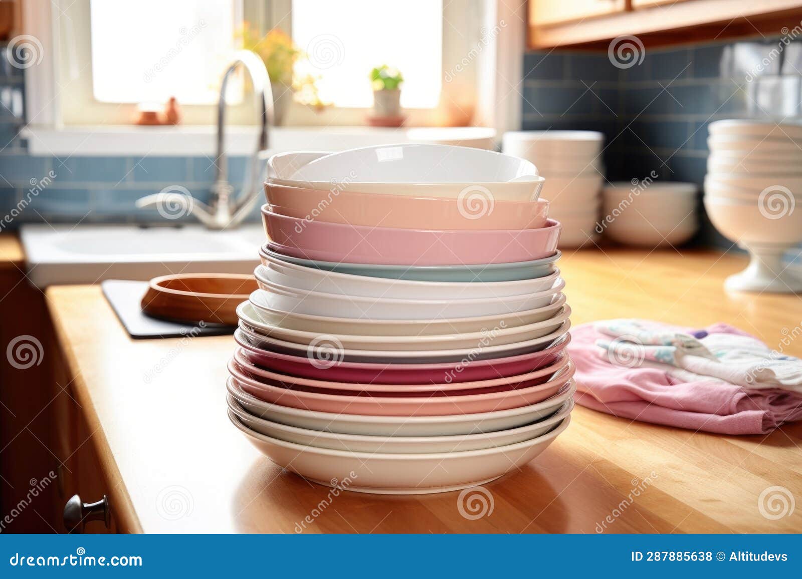 Stack of Clean Plates and Bowls on a Countertop Stock Illustration ...