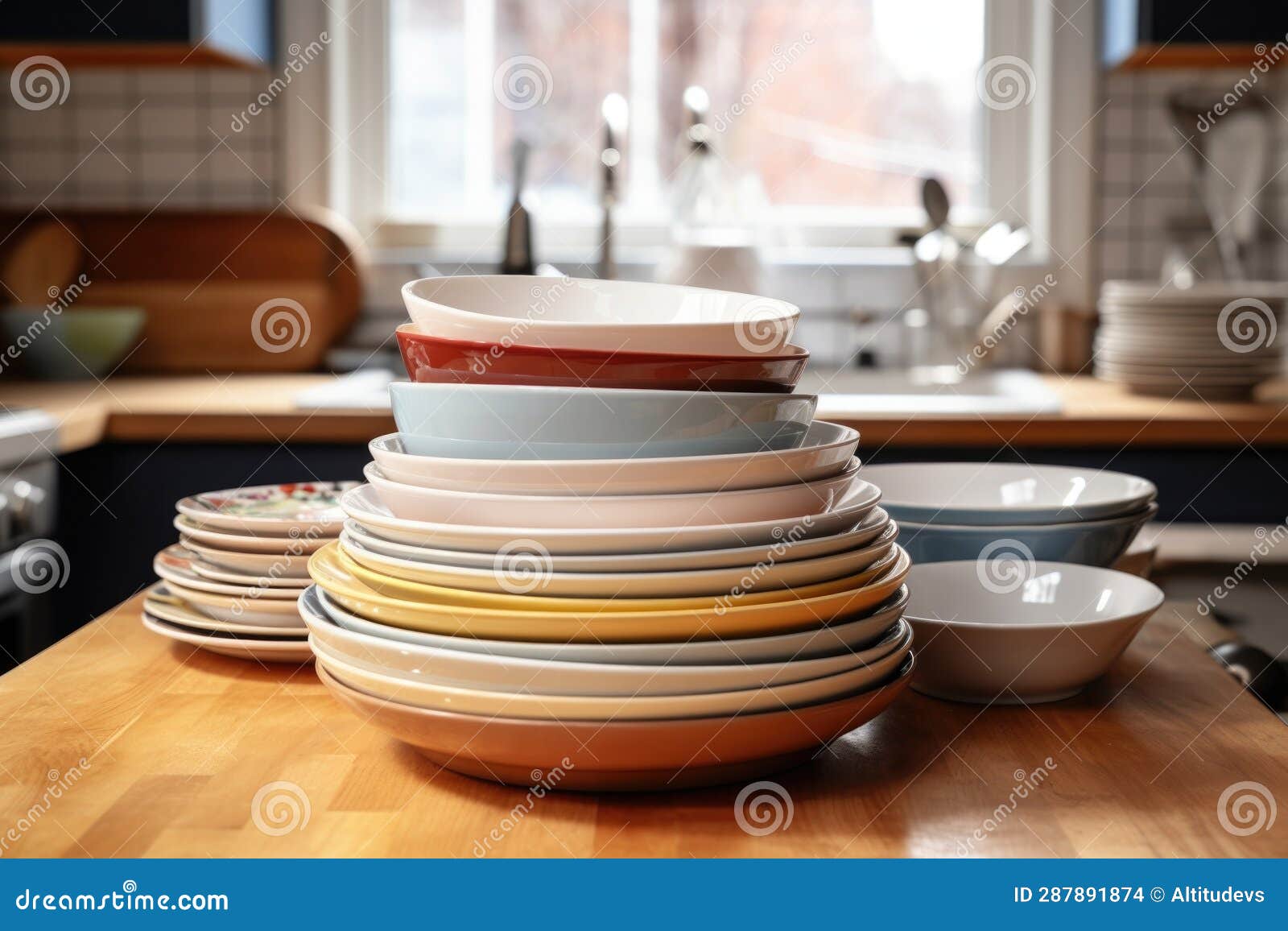 Stack of Clean Plates and Bowls on a Countertop Stock Photo - Image of ...