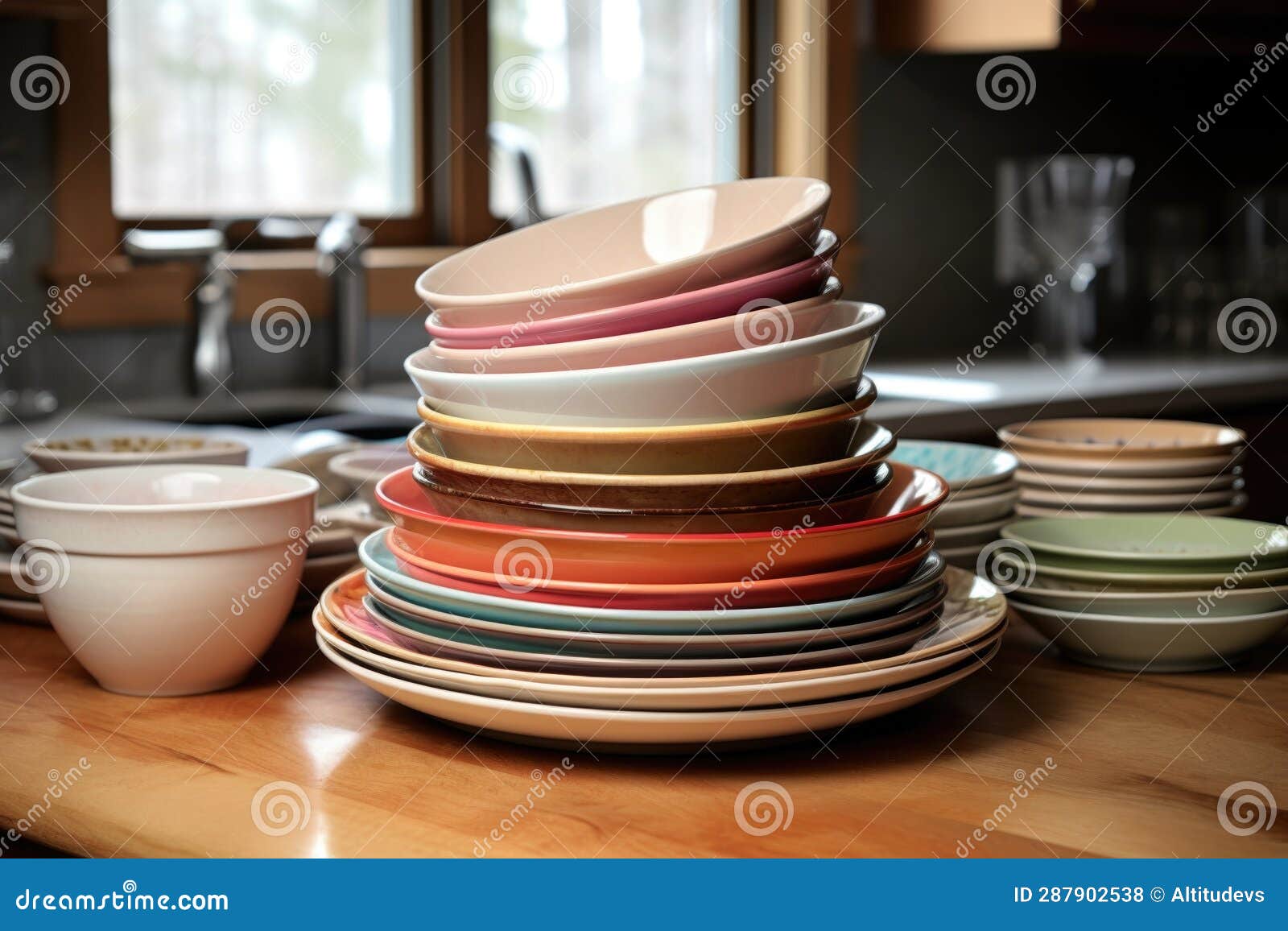Stack of Clean Plates and Bowls on a Countertop Stock Photo - Image of ...