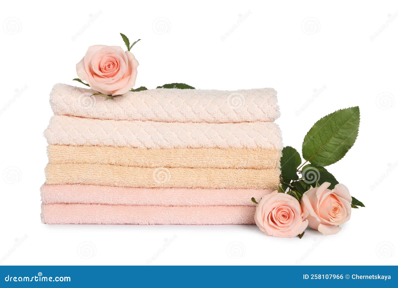 Stack of Clean Soft Towels with Flowers Isolated on White Stock Photo ...