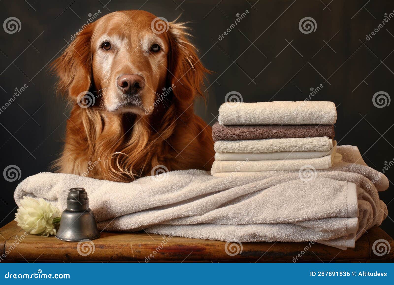 Stack of Clean Towels, Dog Brush, and Shampoo Stock Photo - Image of ...