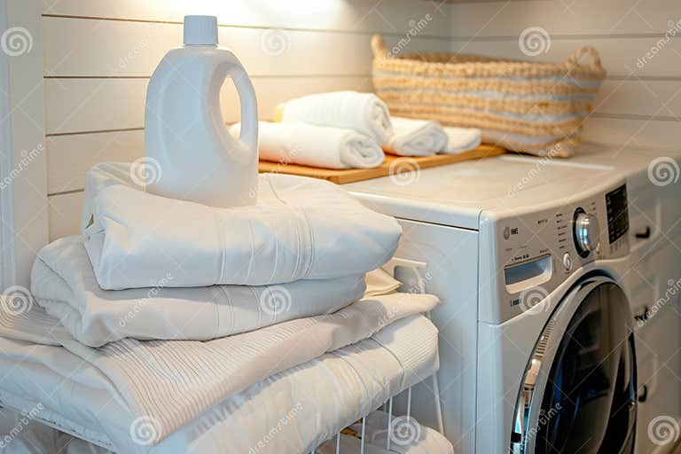 Stack of Clean Towels on Modern Washing Machine with Blurred Background ...