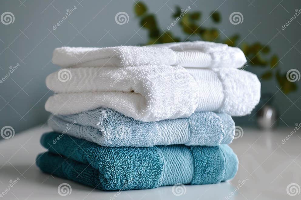 Stack of Clean White and Blue Towels Lying on Table Stock Photo - Image ...