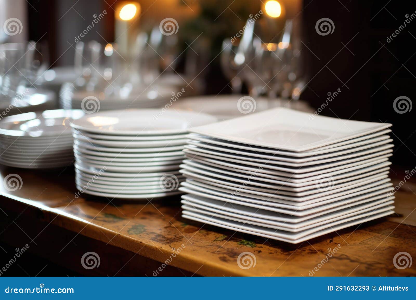 A Stack of Clean White Plates on a Buffet Table Stock Image - Image of ...
