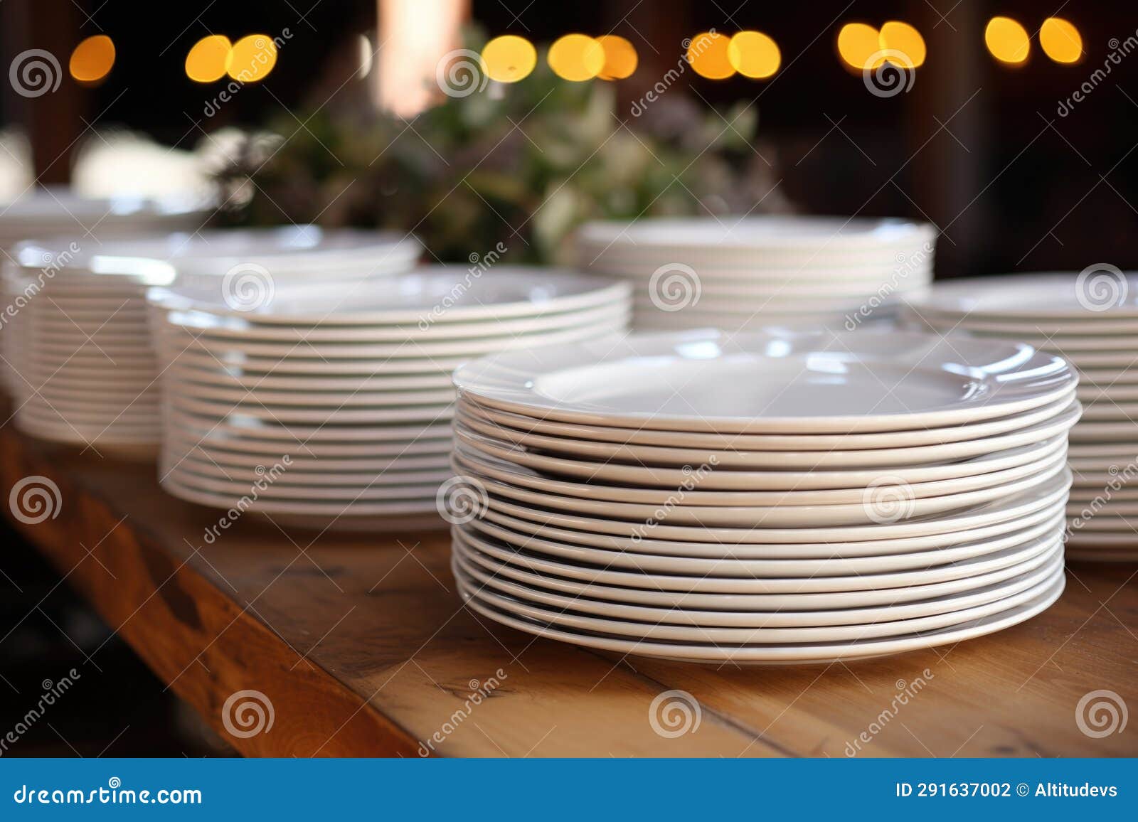 A Stack of Clean White Plates on a Buffet Table Stock Photo - Image of ...