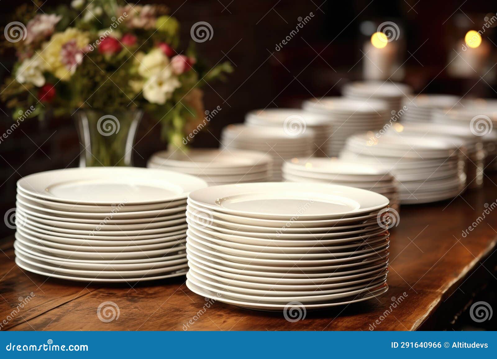 A Stack of Clean White Plates on a Buffet Table Stock Photo - Image of ...