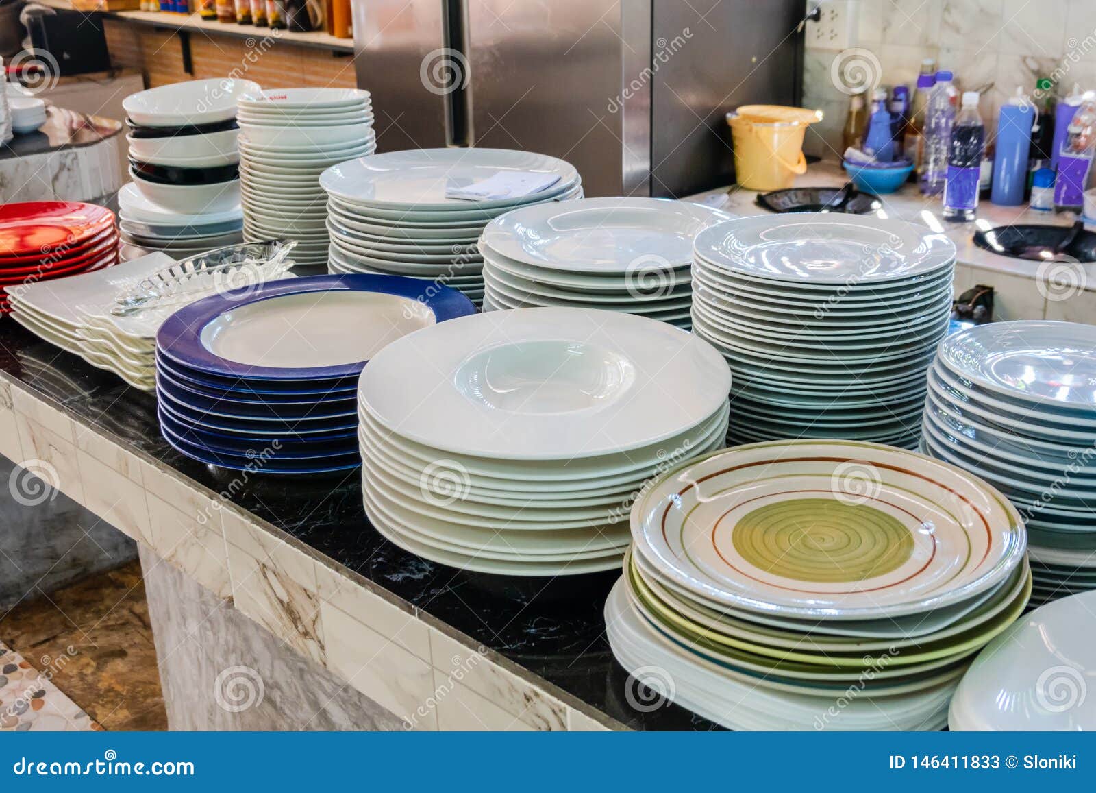 Stack of Cleaned Dishes in a Restaurant Room Stock Image - Image of ...