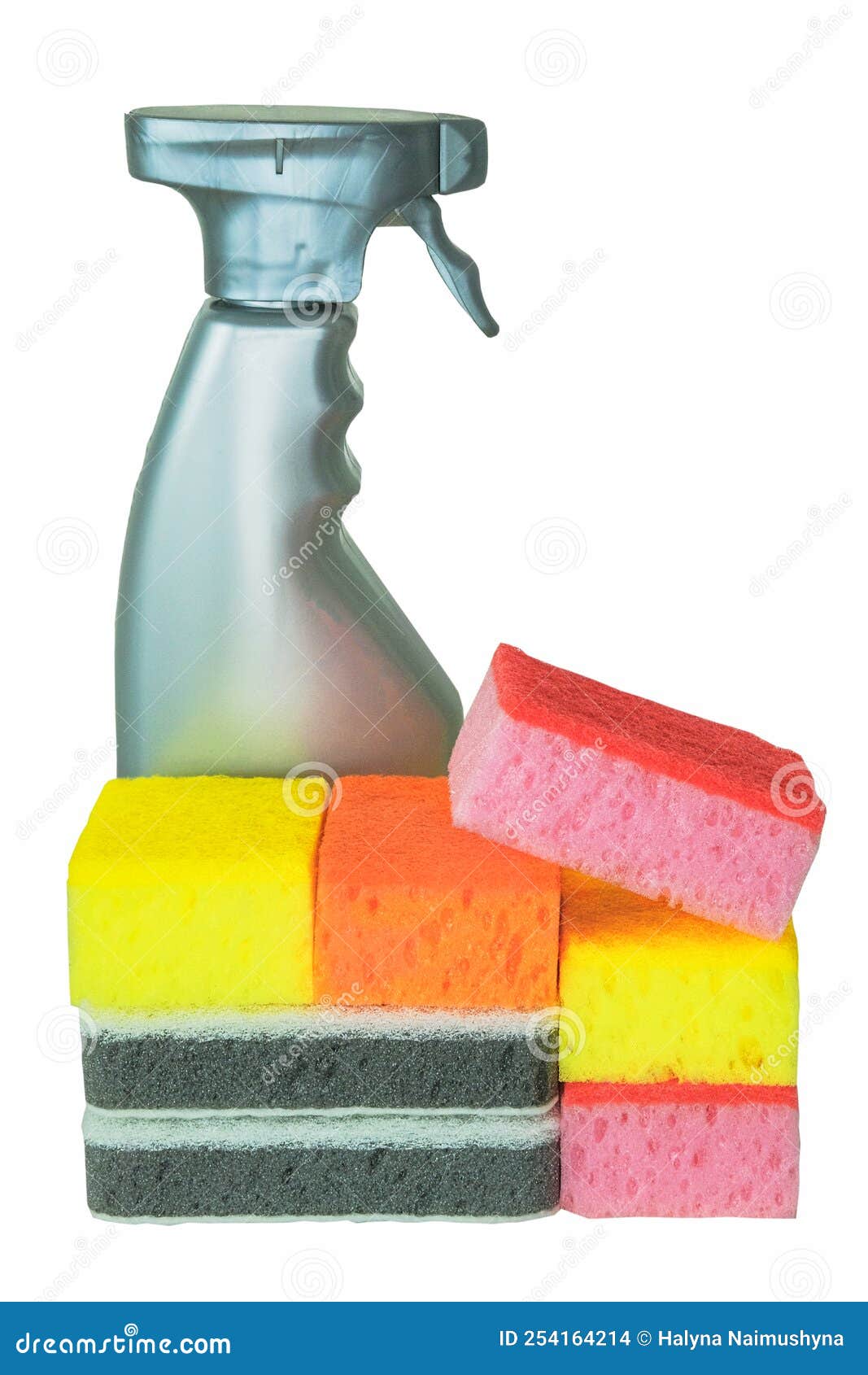 Stack of Cleaning Sponges and Bottle with a Cleaning Agent Isolated on ...