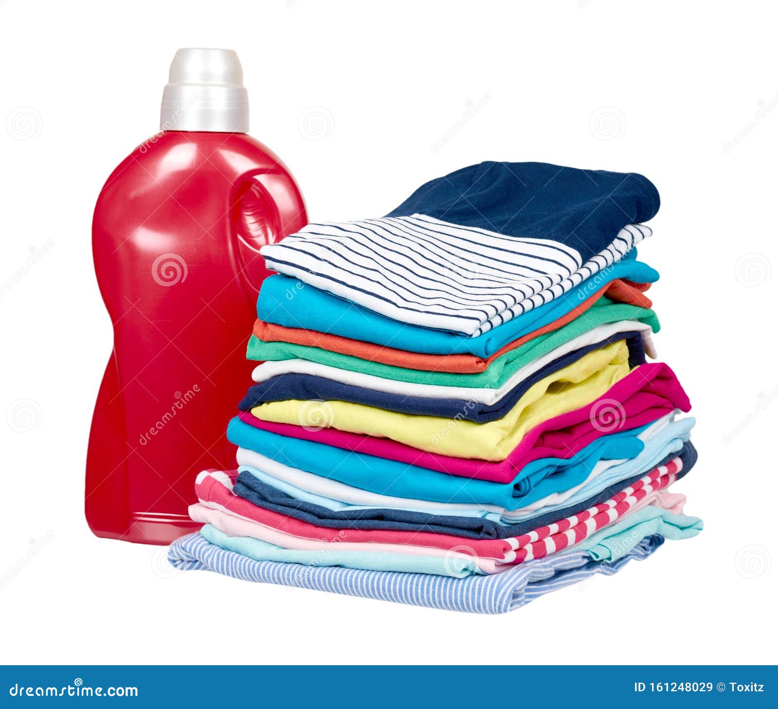 Stack of Clothes and Detergent Bottle, Fresh Laundry Textile Stock ...
