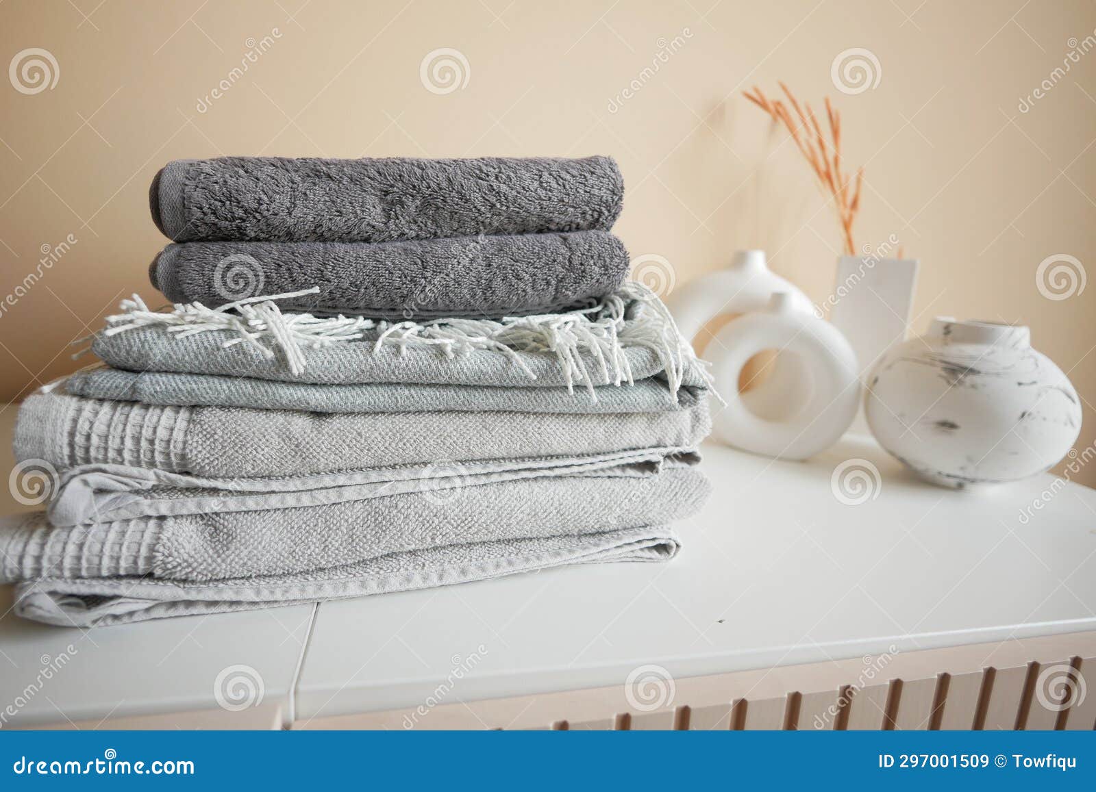 Stack of Clothes on Table Indoor. Stock Image - Image of material ...