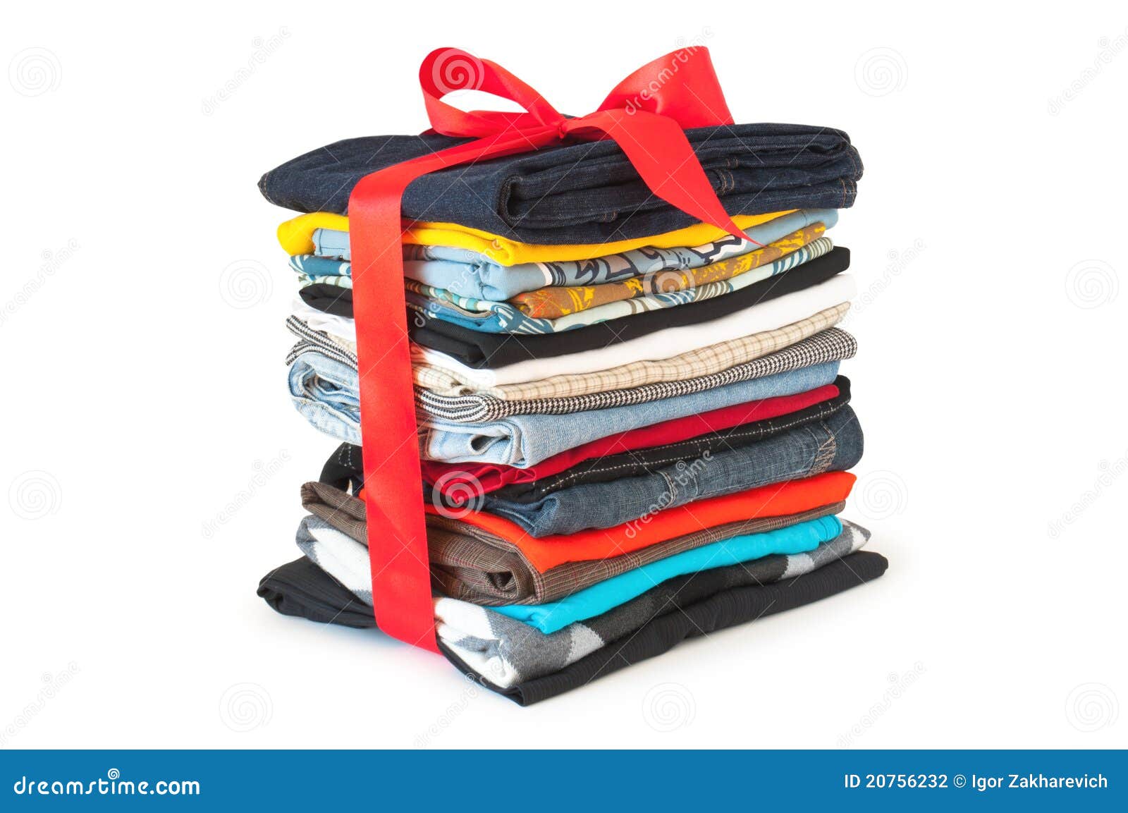 Stack of Clothing with Red Ribbon Stock Photo - Image of jeans, apparel ...