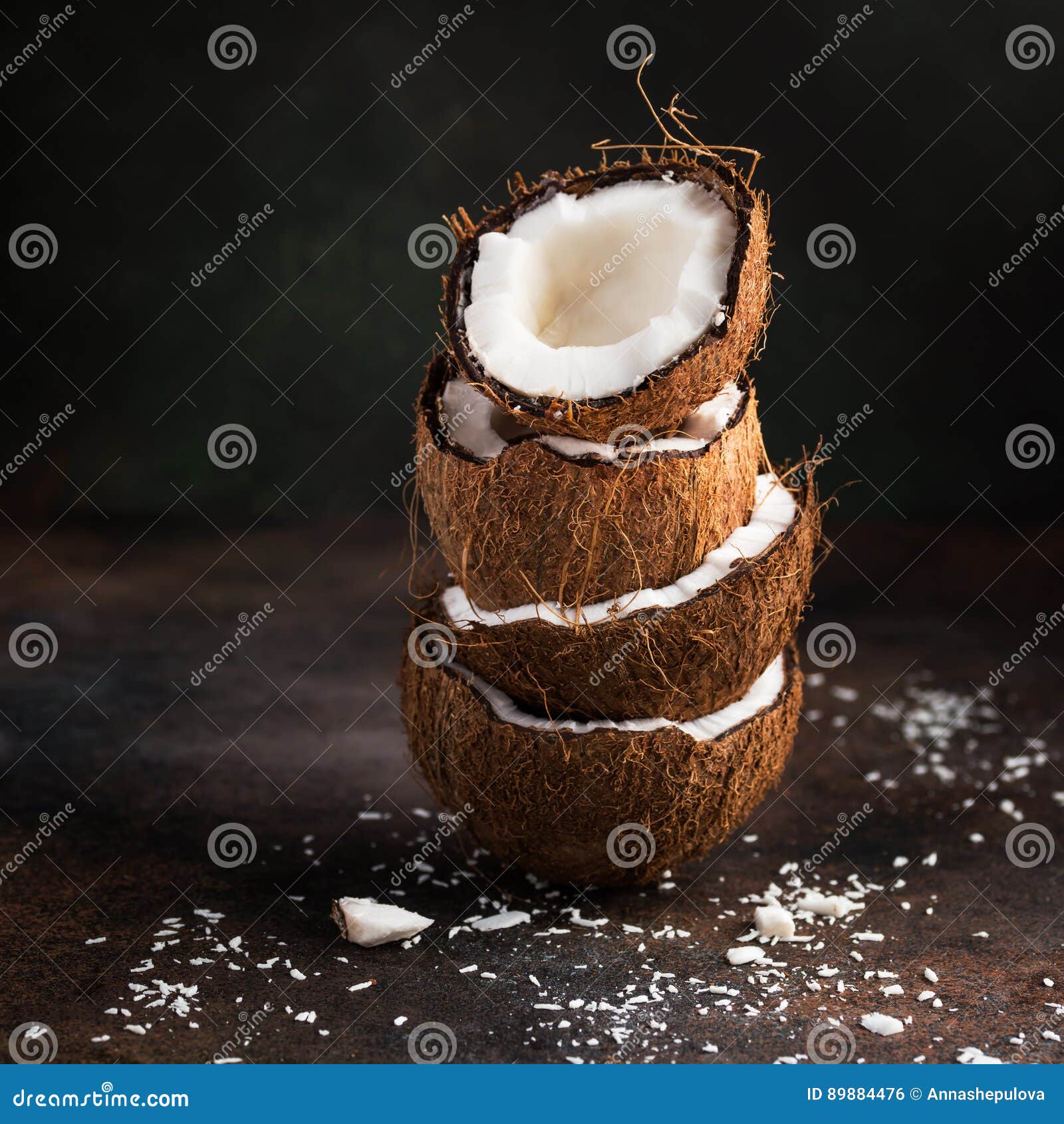 Stack of Coconut Half and Coconut Flakes Stock Photo - Image of kitchen ...