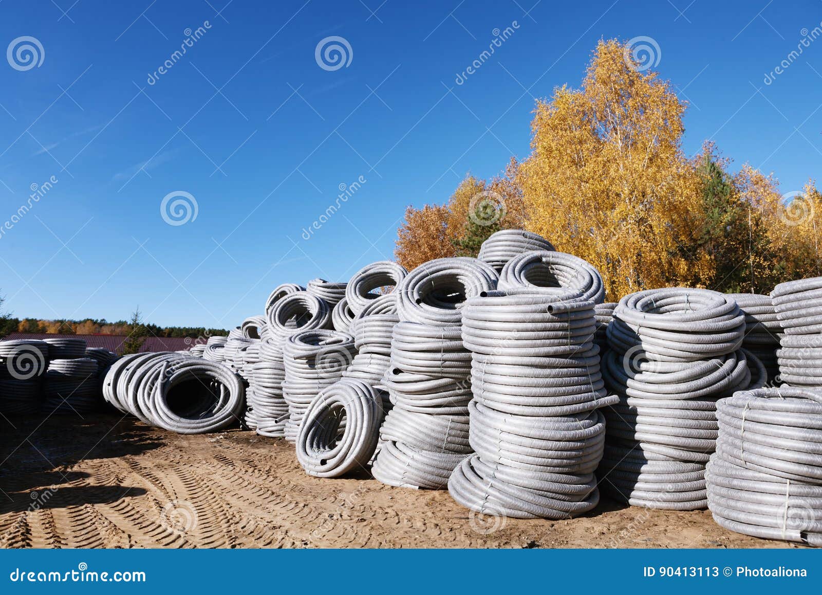 Stack Of Coiled Plastic Pvc Polyethylene Corrugated Drainage Pipes For ...