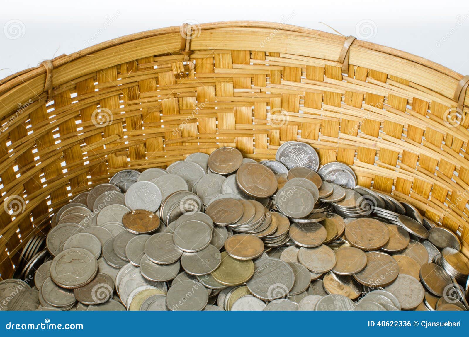 Stack of Coin with Bamboo Bucket Stock Photo - Image of casino, metal ...