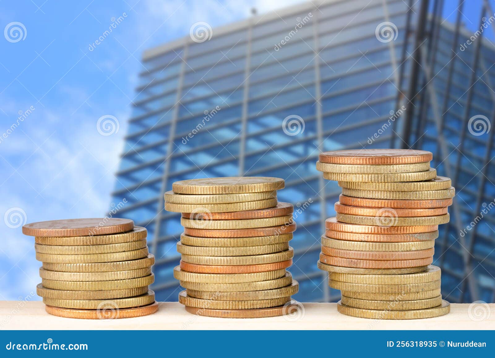 Stack of Coin with Modern Glass Building Exterior Stock Image - Image ...