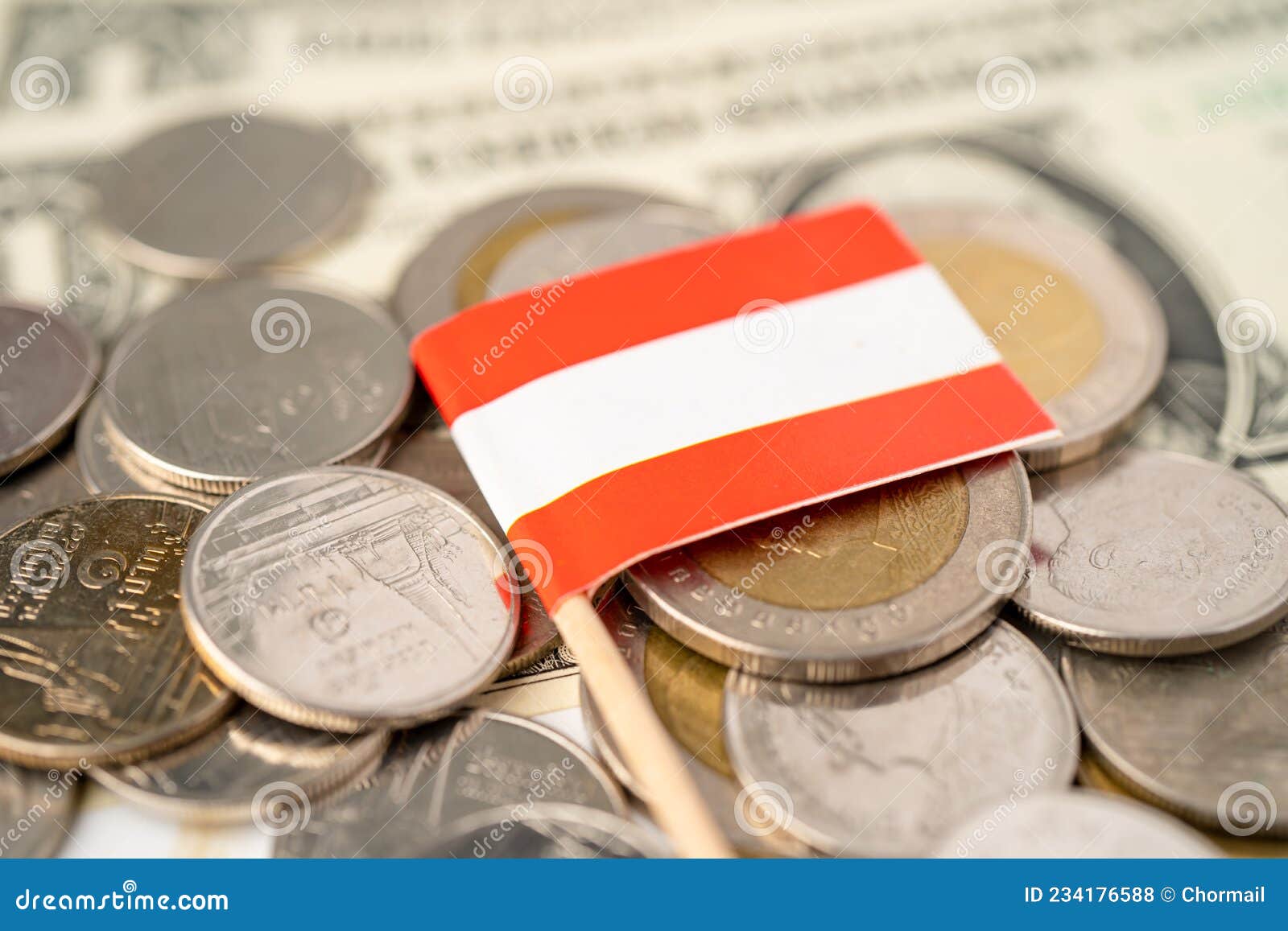 Stack of Coins with Austria Flag on US Dollar Banknote Stock Photo ...