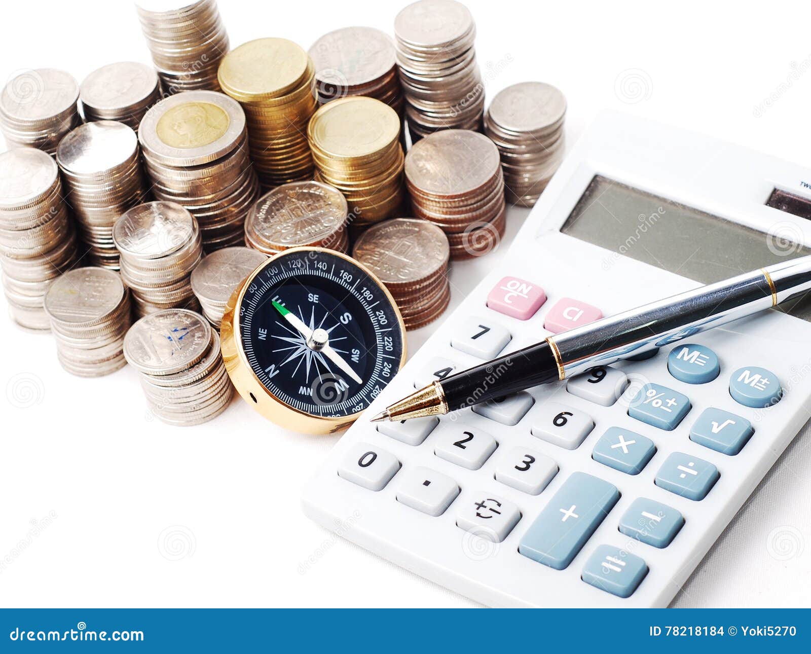 Stack Coins and Ball Pen on Calculator Stock Photo - Image of account ...
