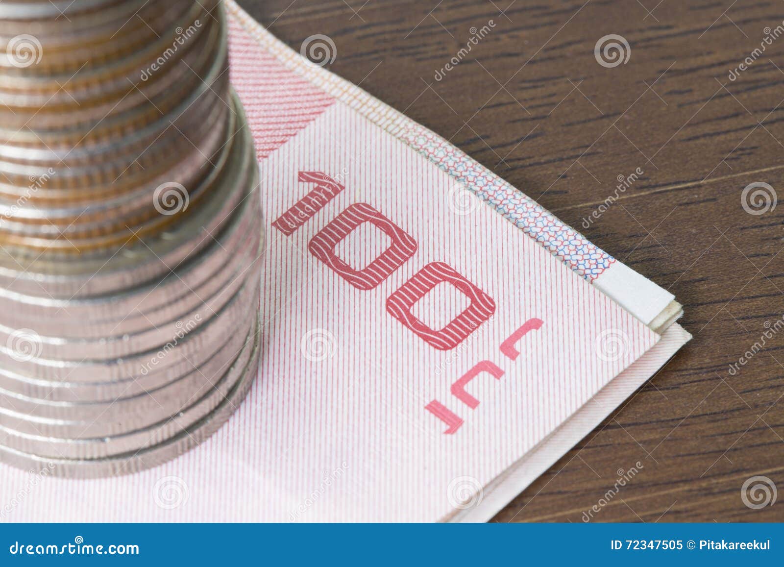 Stack of Coins on Bill on Wooden Table. Stock Image - Image of dollar ...