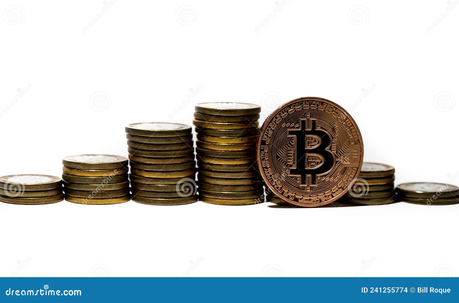 Stack of Coins and a Bitcoin. Crypto Currency Investment Concept Stock ...