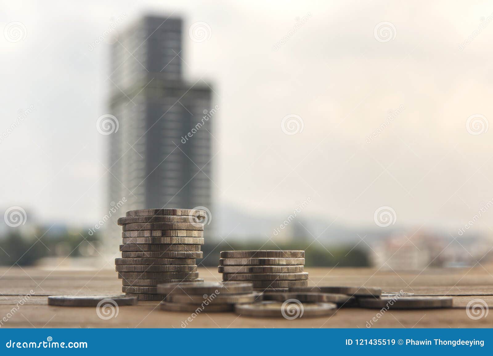Stack of Coins on Blur Building Stock Image - Image of accounting ...