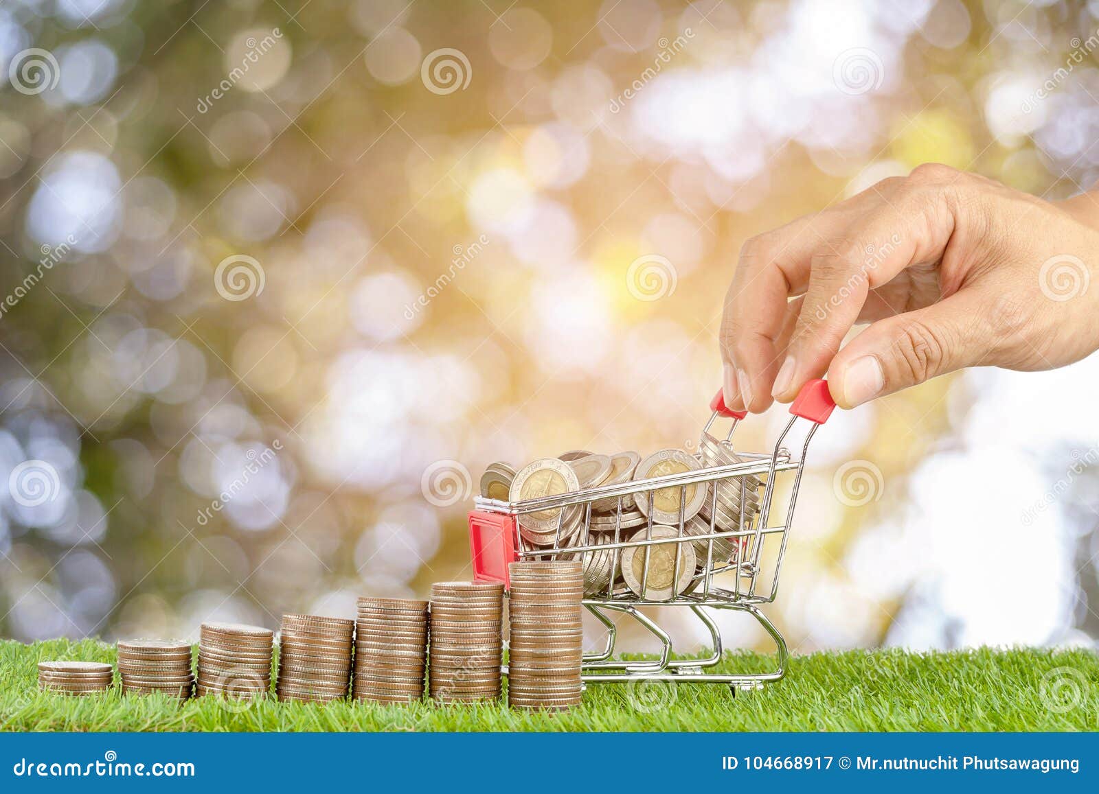 Stack of Coins and Coins on Shopping Cart Stock Image - Image of ...
