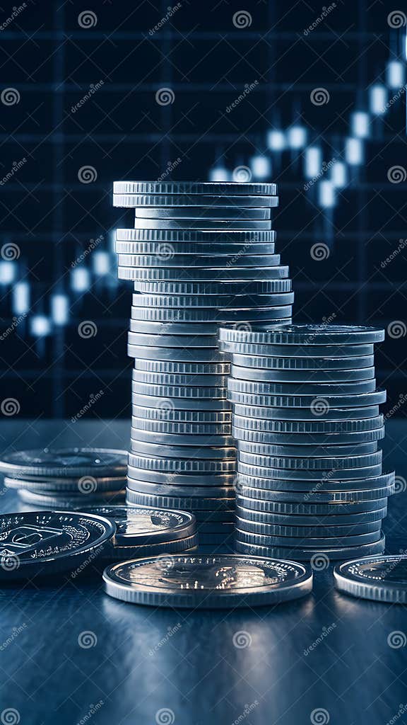 Stack of Coins beside a Digital Chart with Glowing Stock Indicators ...