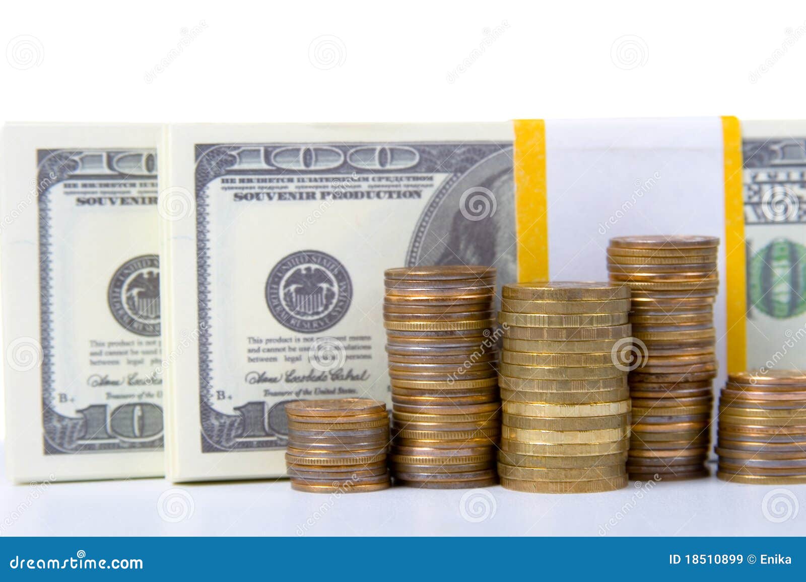 Stack of coins and dollars stock image. Image of exchange - 18510899