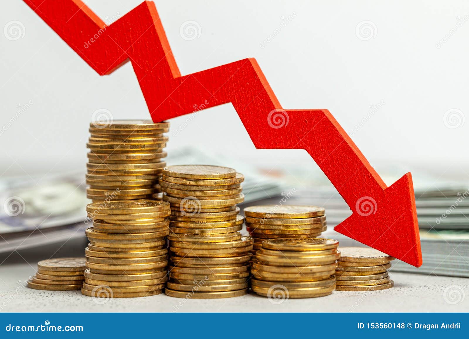 Stack of Coins Down the Stairs and Down Arrow. the Concept of ...