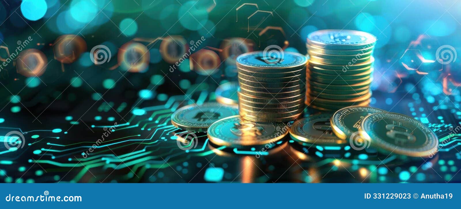 Stack of Coins with Futuristic LED Graph Chart, Neon Green and Blue ...