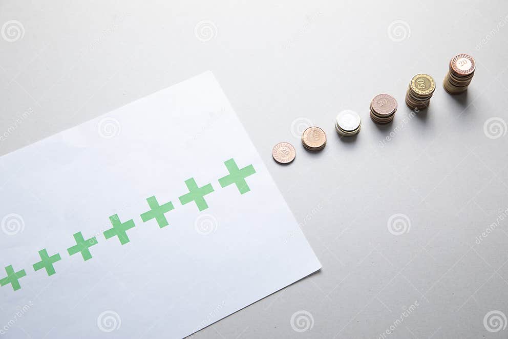 Stack of Coins with a Growing Plus Signs Stock Image - Image of ...