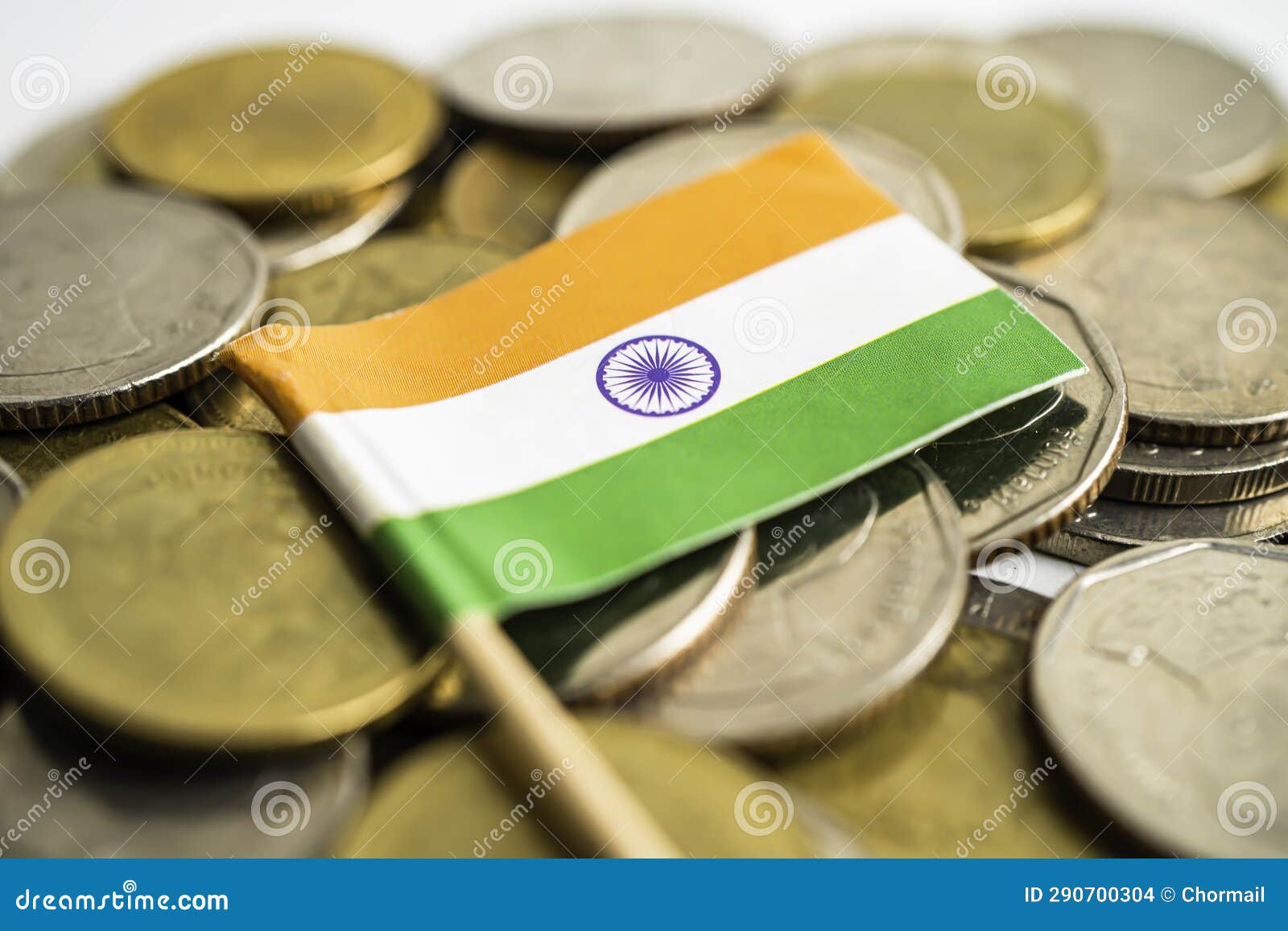 Stack of Coins with India Flag and US Dollar Banknotes Stock Photo ...