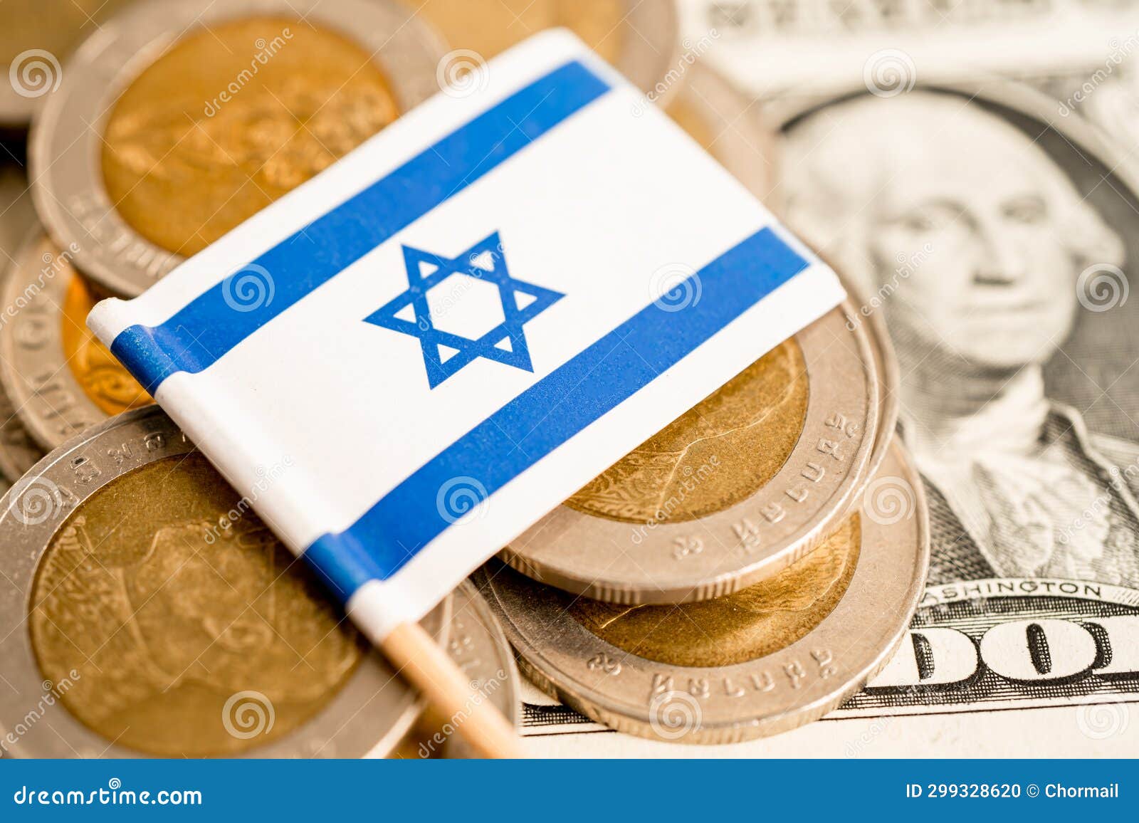 Stack of Coins with Israel Flag and US Dollar Banknotes Stock Photo ...