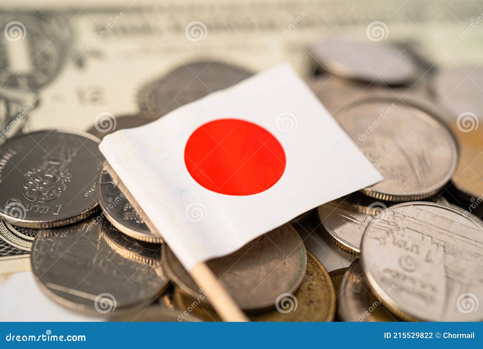 Stack of Coins with Japan Flag on Dollar Banknotes Background Stock ...