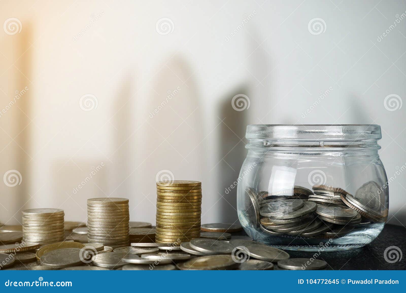 Stack of Coins and Jar Saving Money Stock Image - Image of rate ...