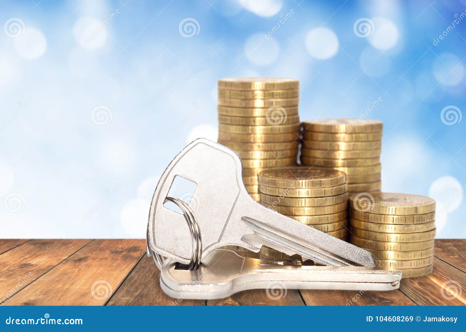 Stack of coins with keys stock image. Image of growth - 104608269