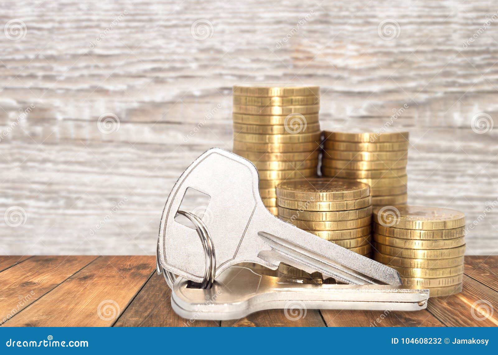 Stack of coins with keys stock photo. Image of nature - 104608232
